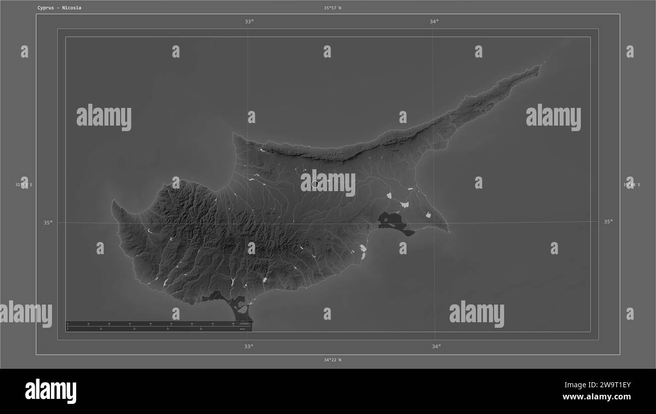 Cyprus highlighted on a Grayscale elevation map with lakes and rivers ...