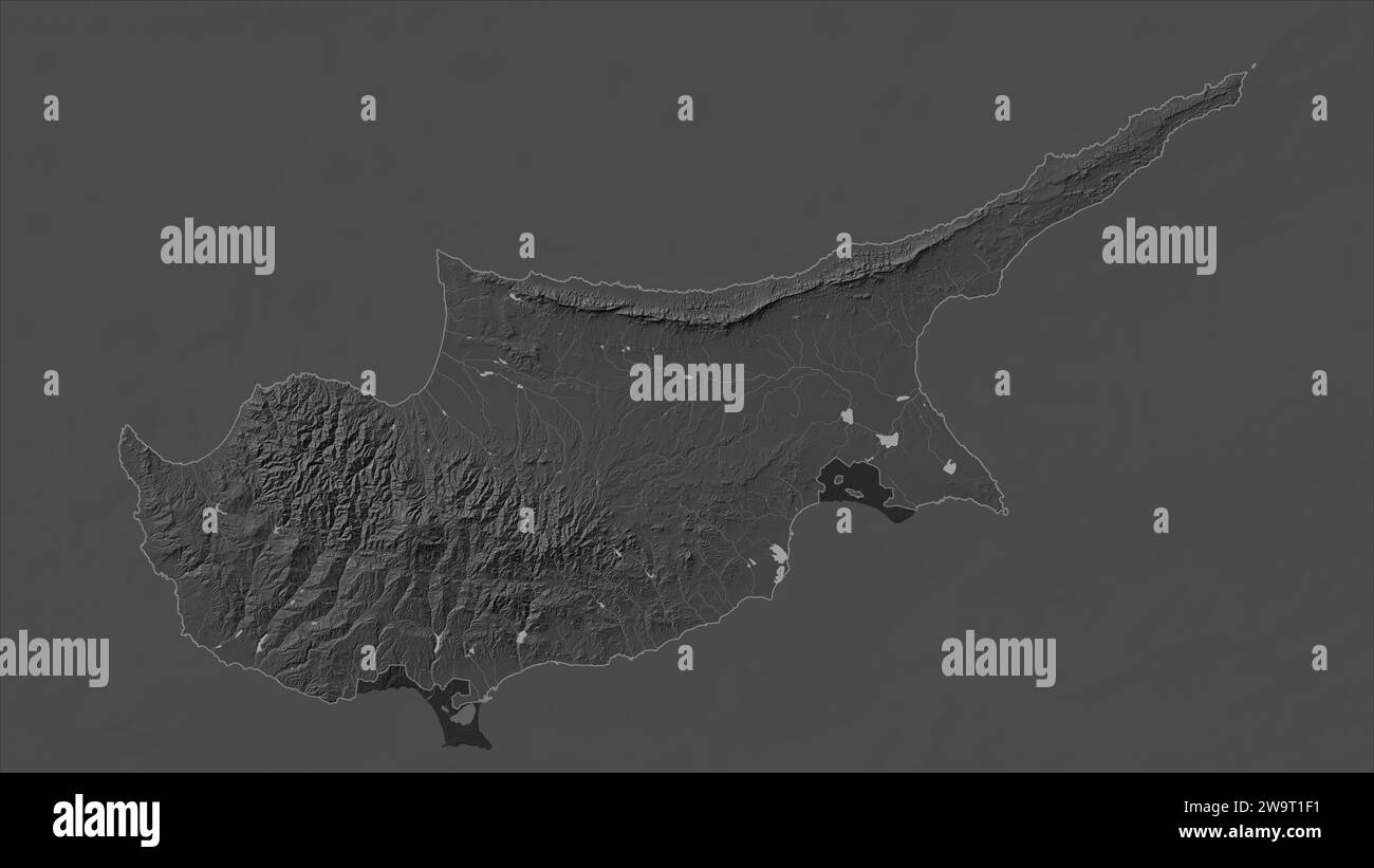 Cyprus highlighted on a Bilevel elevation map with lakes and rivers ...