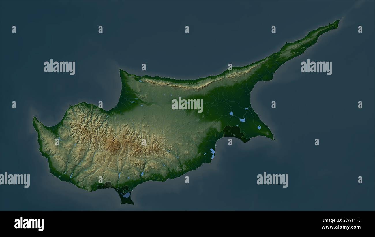 Cyprus highlighted on a Colored elevation map with lakes and rivers ...
