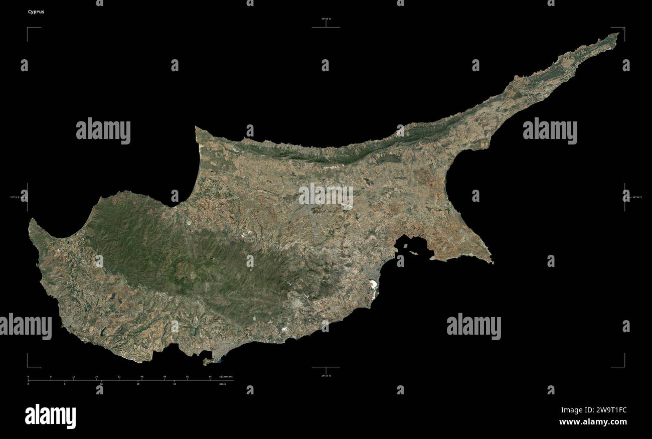 Shape of a high resolution satellite map of the Cyprus, with distance ...