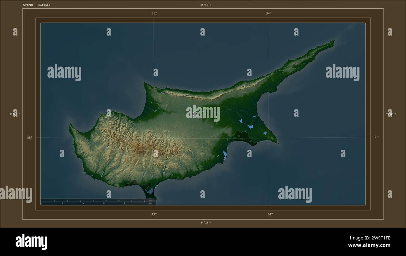 Cyprus highlighted on a Colored elevation map with lakes and rivers map ...