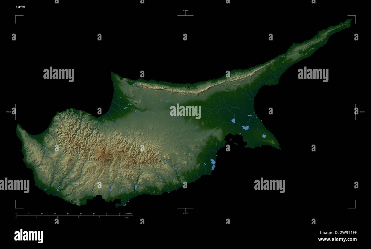 Shape of a Colored elevation map with lakes and rivers of the Cyprus ...