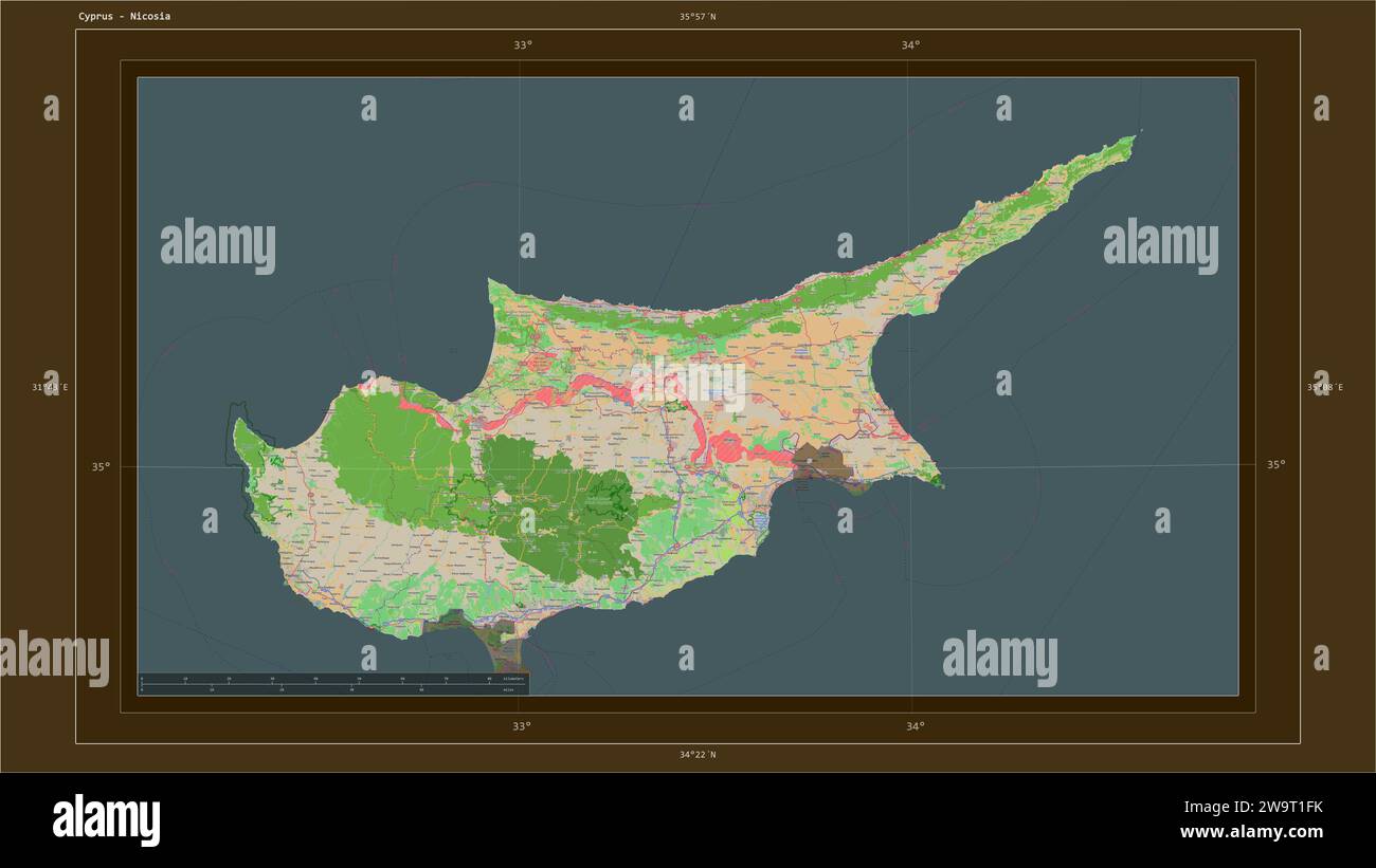 Cyprus highlighted on a topographic, OSM France style map map with the ...