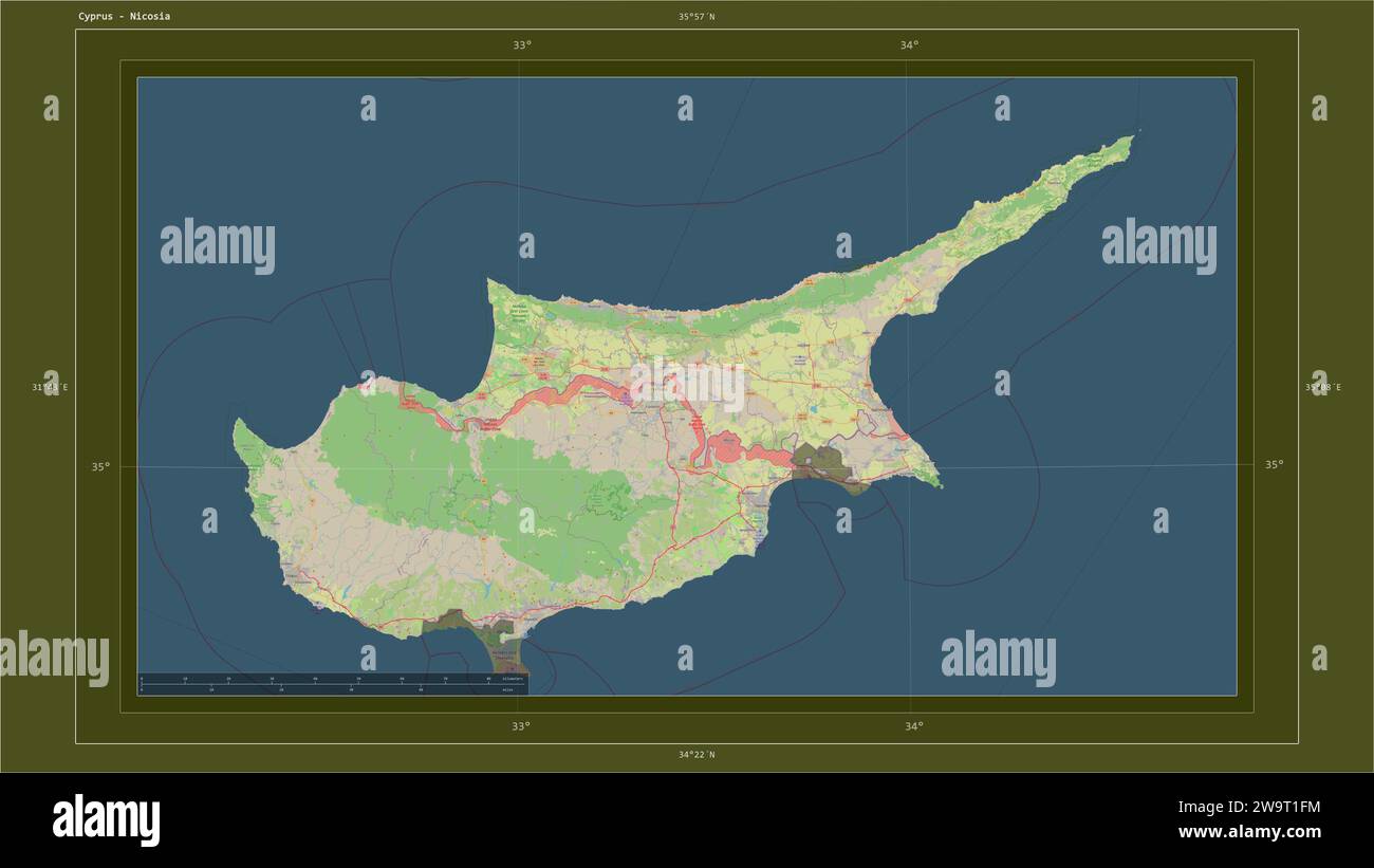Cyprus highlighted on a topographic, OSM standard style map map with ...