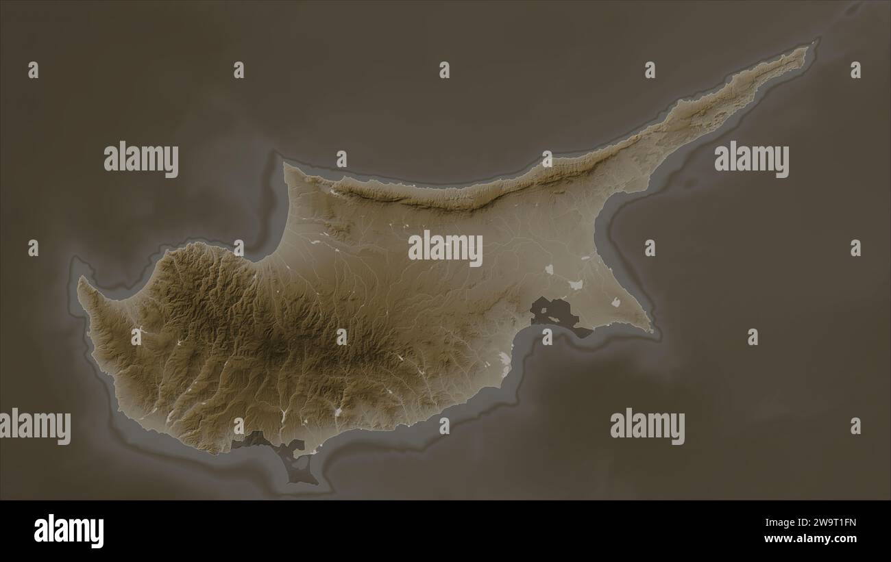 Cyprus highlighted on a elevation map colored in sepia tones with lakes ...