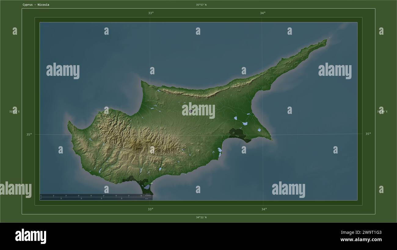 Cyprus highlighted on a Pale colored elevation map with lakes and ...