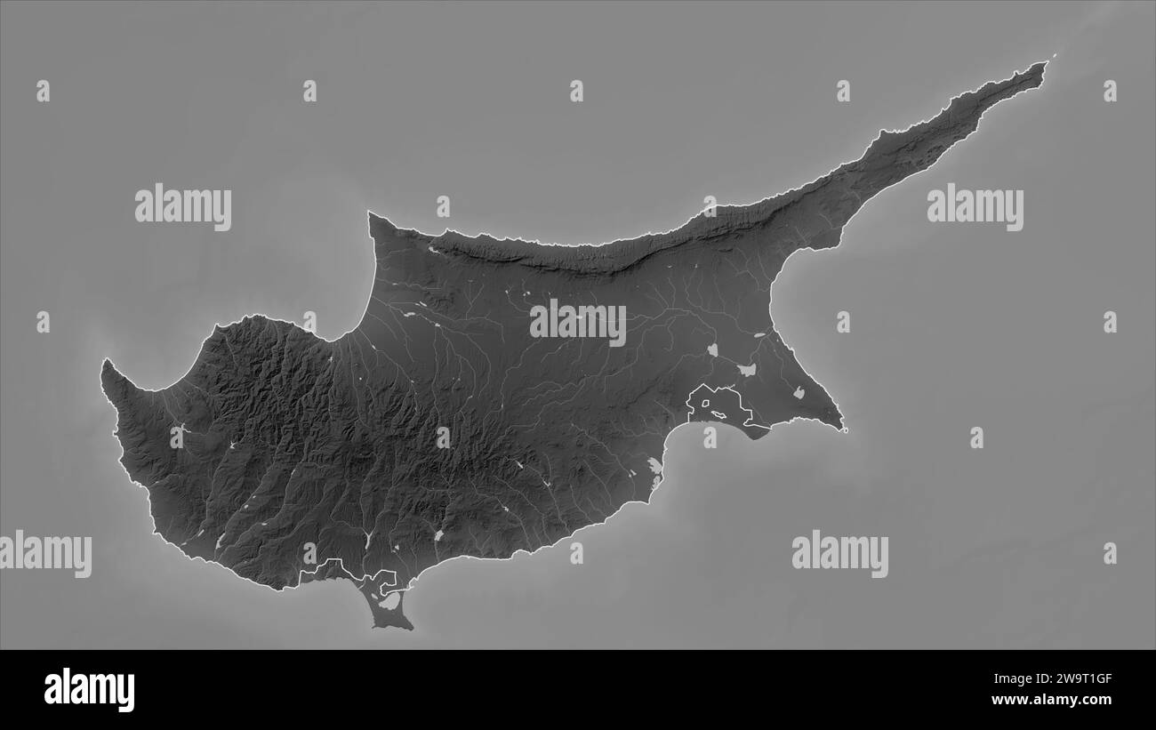 Cyprus outlined on a Grayscale elevation map with lakes and rivers ...
