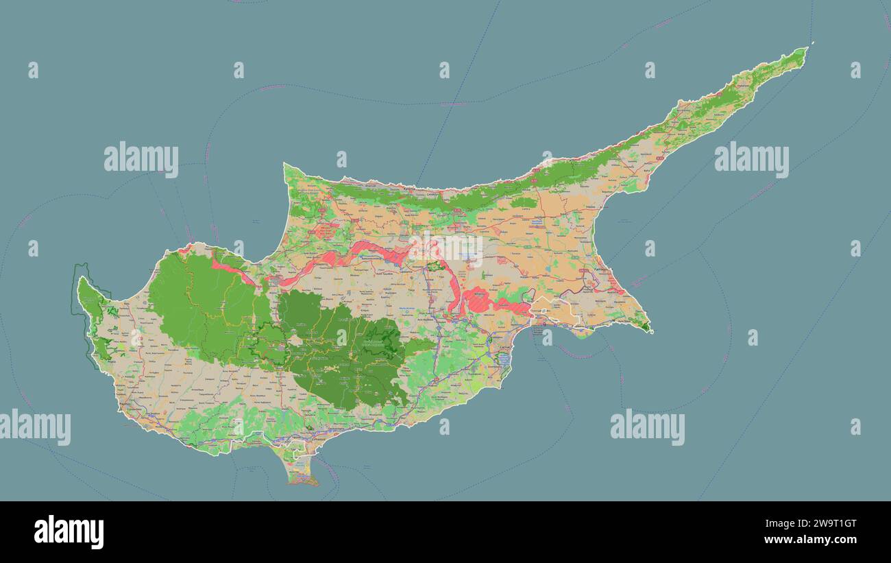 Cyprus outlined on a topographic, OSM France style map Stock Photo - Alamy