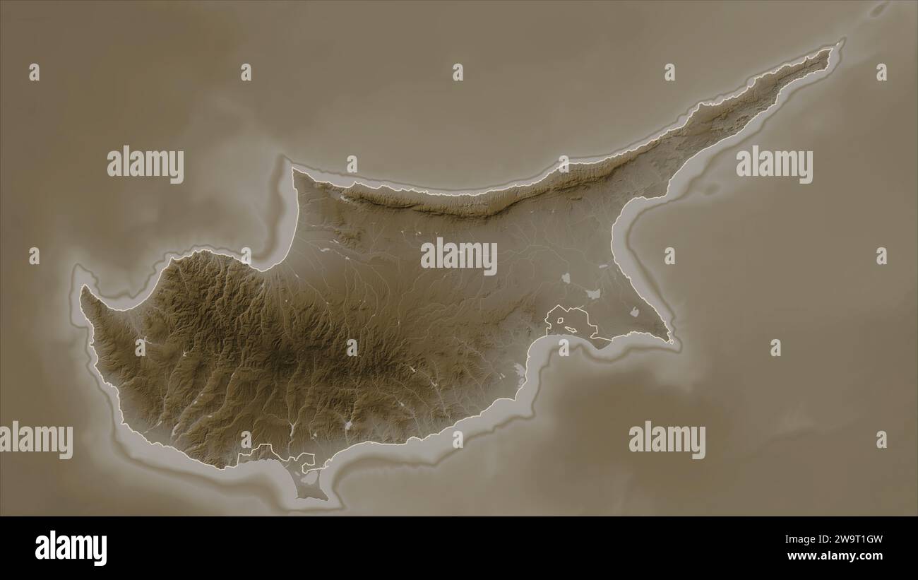 Cyprus outlined on a elevation map colored in sepia tones with lakes ...