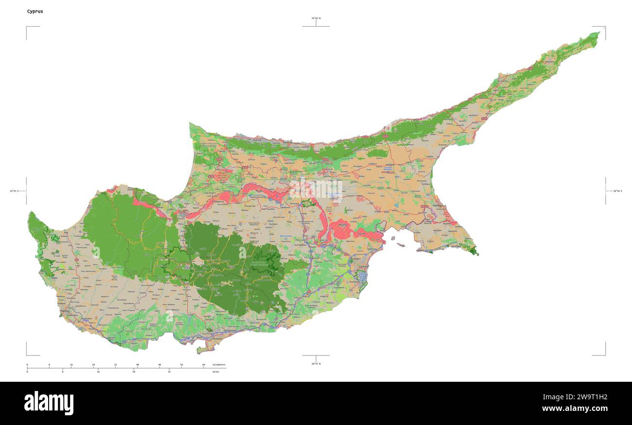 Shape of a topographic, OSM France style map of the Cyprus, with ...