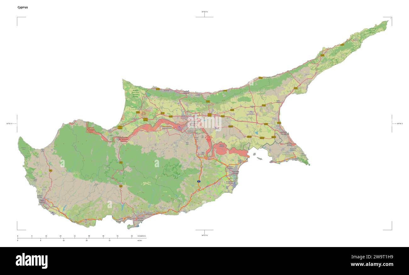 Shape of a topographic, OSM Germany style map of the Cyprus, with ...