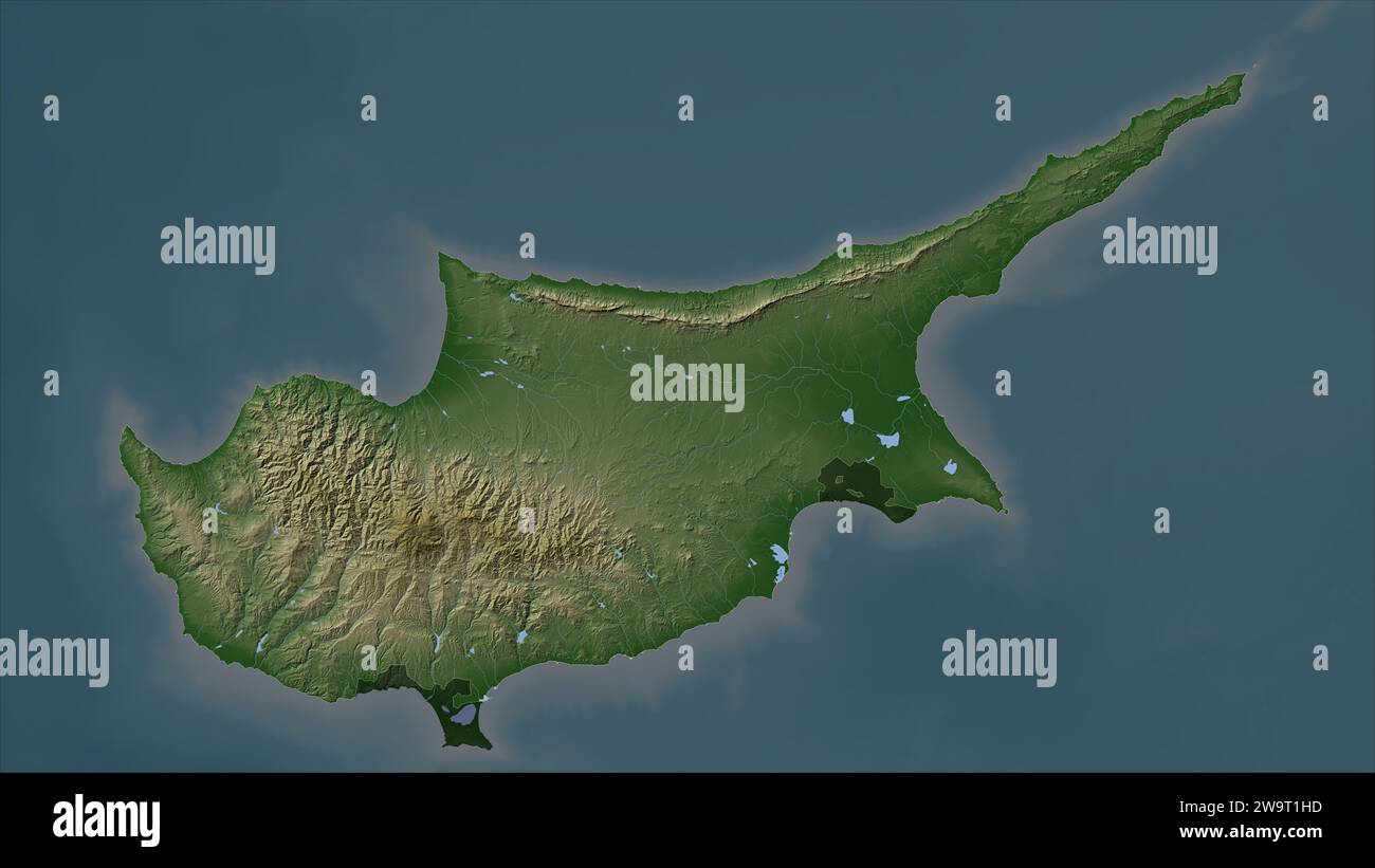 Cyprus highlighted on a Pale colored elevation map with lakes and ...