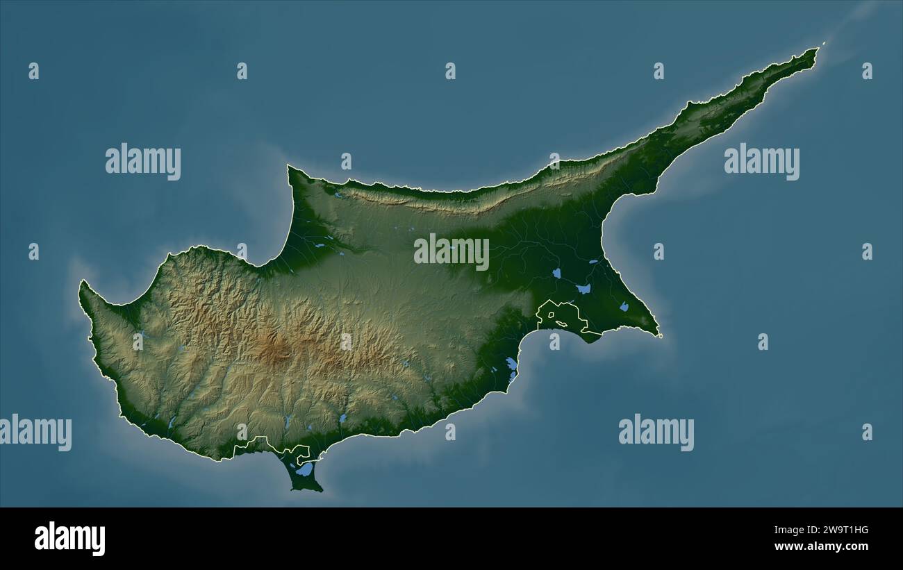 Cyprus outlined on a Colored elevation map with lakes and rivers Stock ...