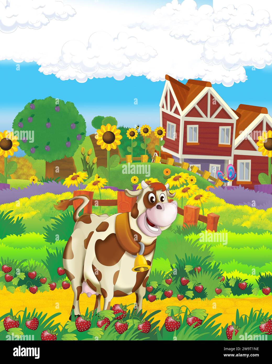 cartoon scene with cow having fun on the farm on white background ...