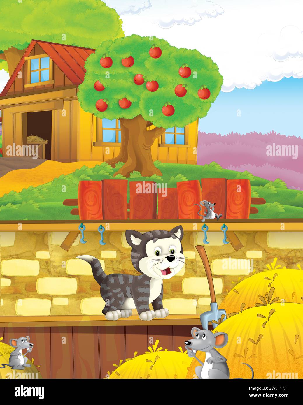 cartoon scene with cat having fun on the farm - illustration for ...