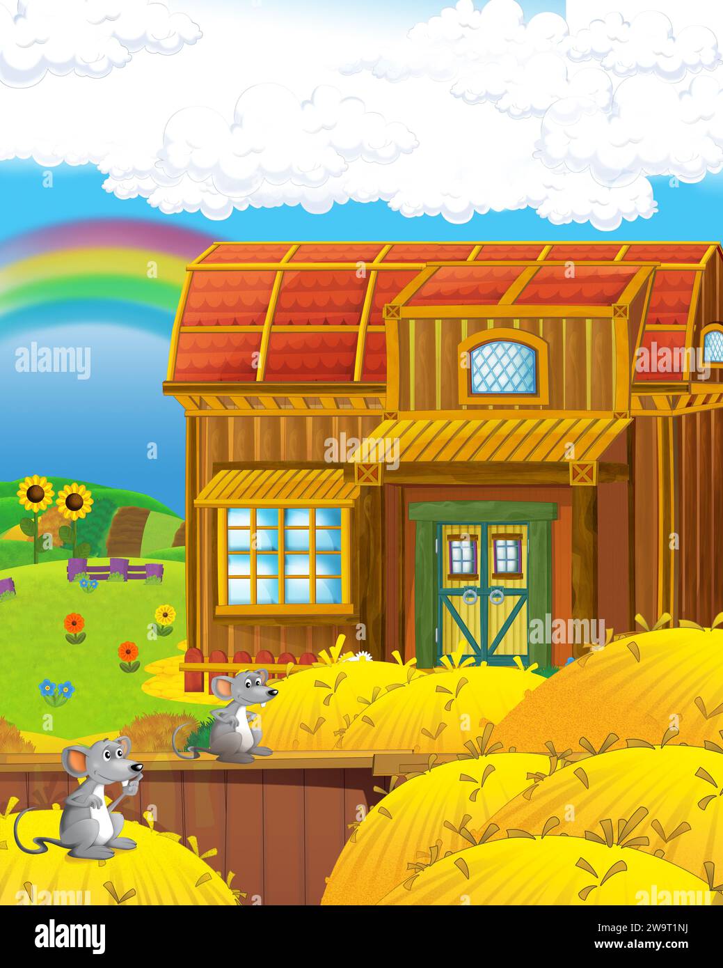 cartoon scene with funny looking farm house on the hill - illustration ...