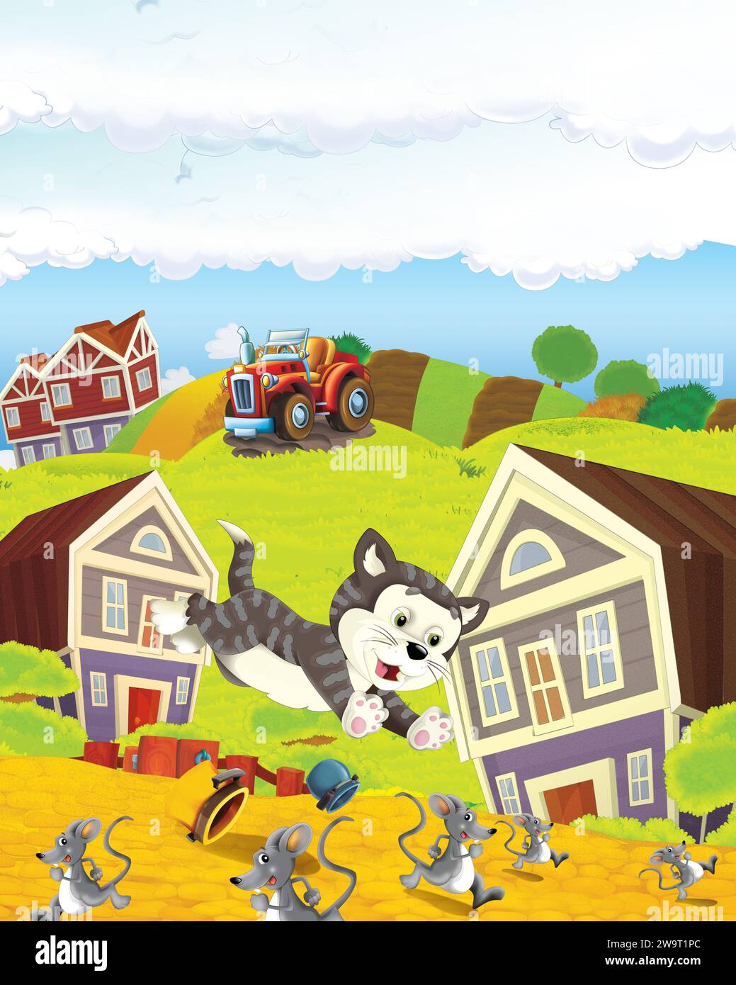 cartoon scene with cat having fun on the farm - illustration for ...