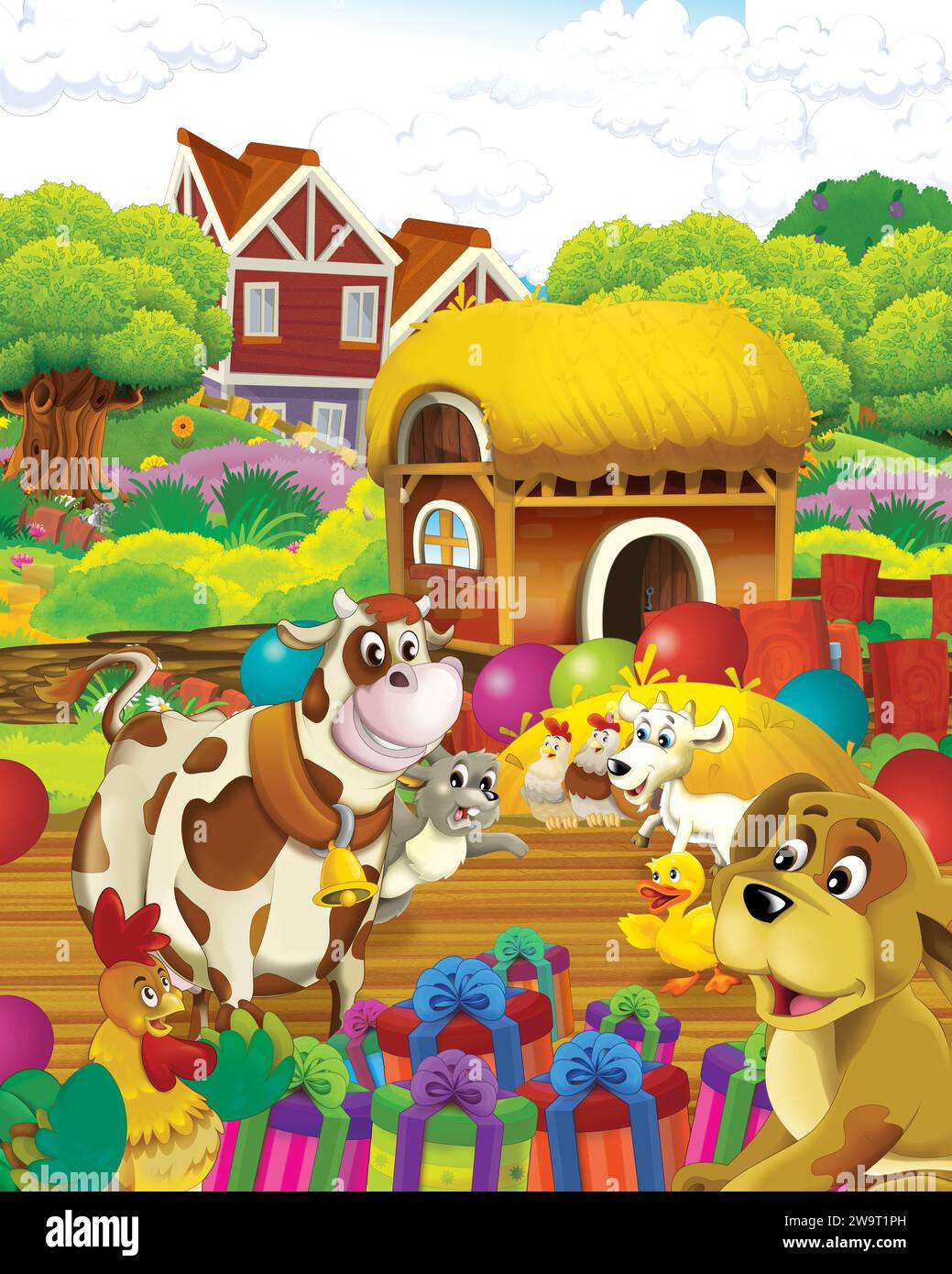 cartoon scene with cow having fun on the farm on white background ...