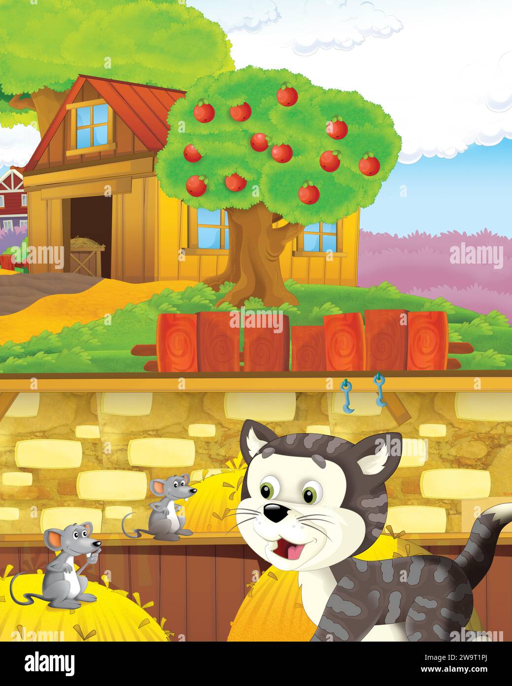 cartoon scene with cat having fun on the farm - illustration for ...