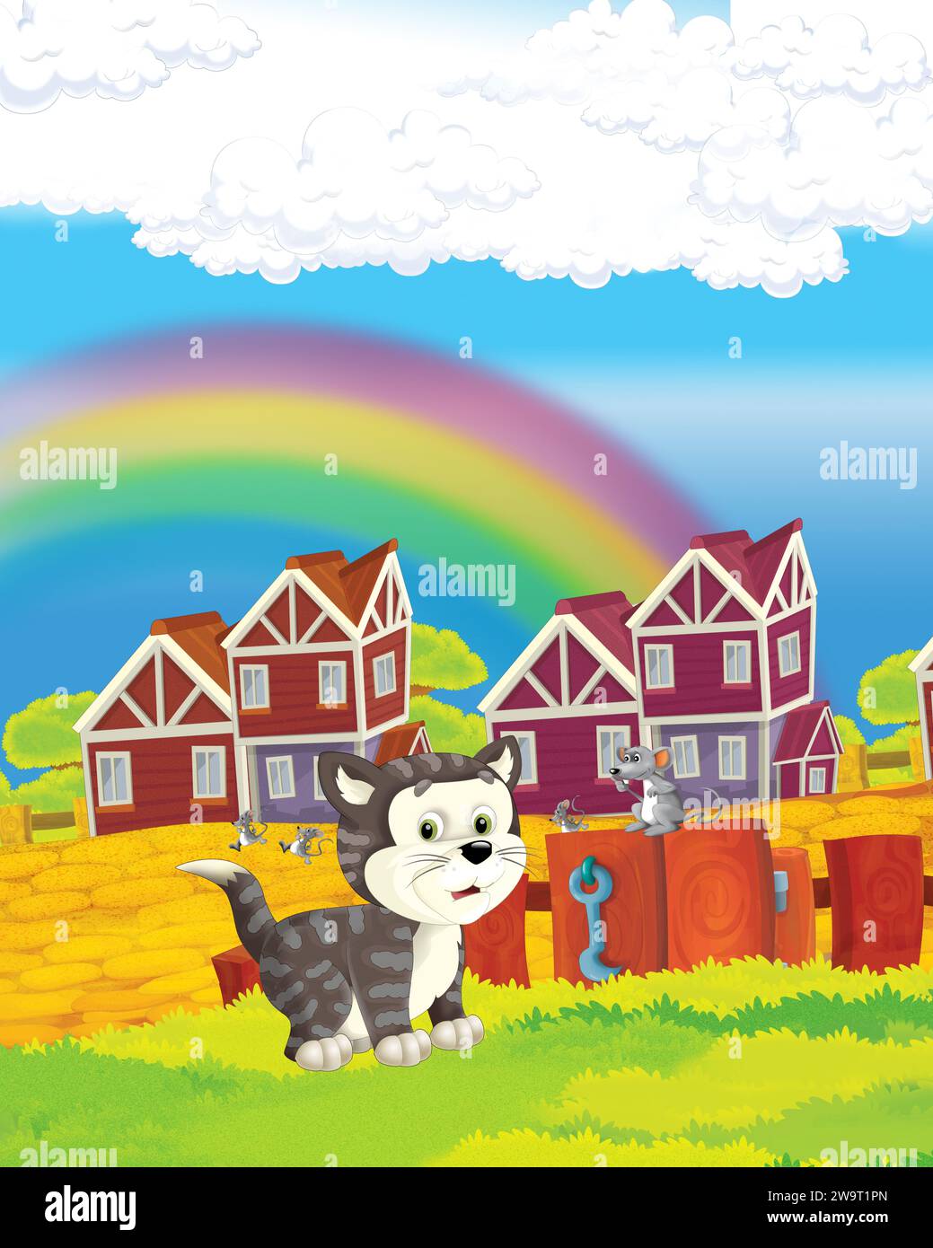 cartoon scene with cheerful cat having fun on the farm - illustration ...