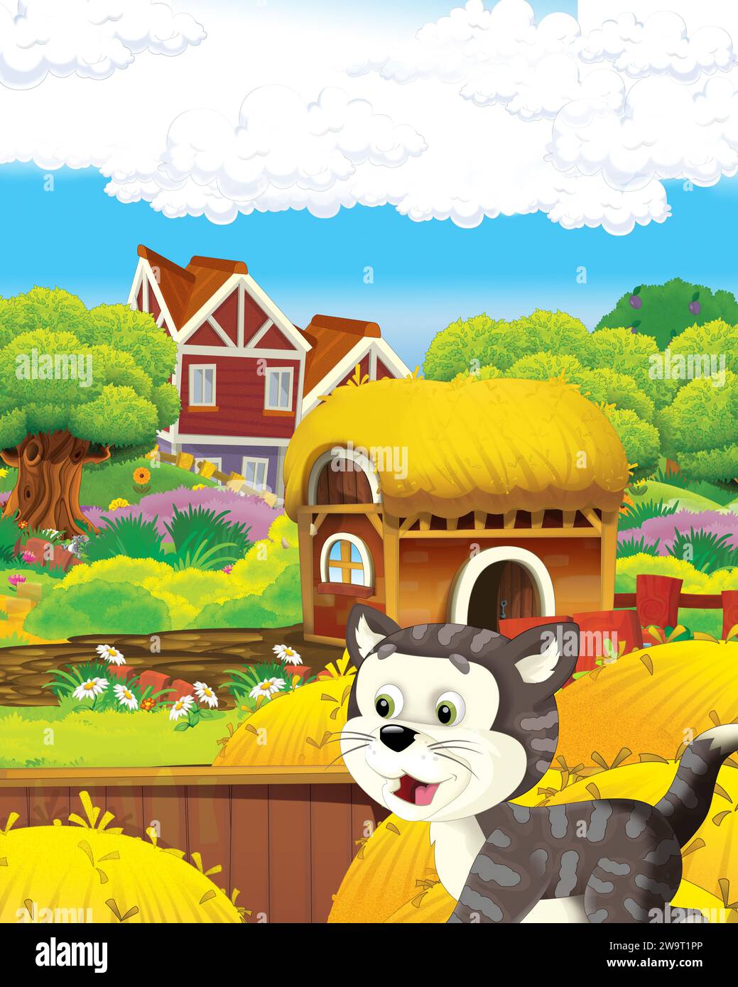 cartoon scene with cheerful cat having fun on the farm - illustration ...