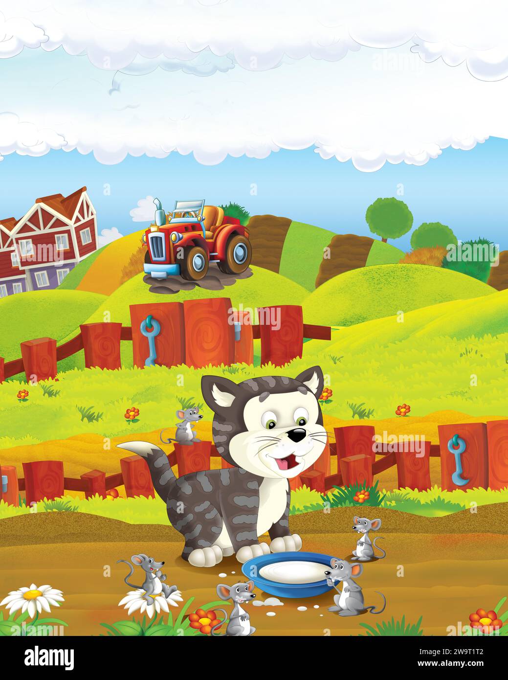 cartoon scene with cat having fun on the farm - illustration for ...