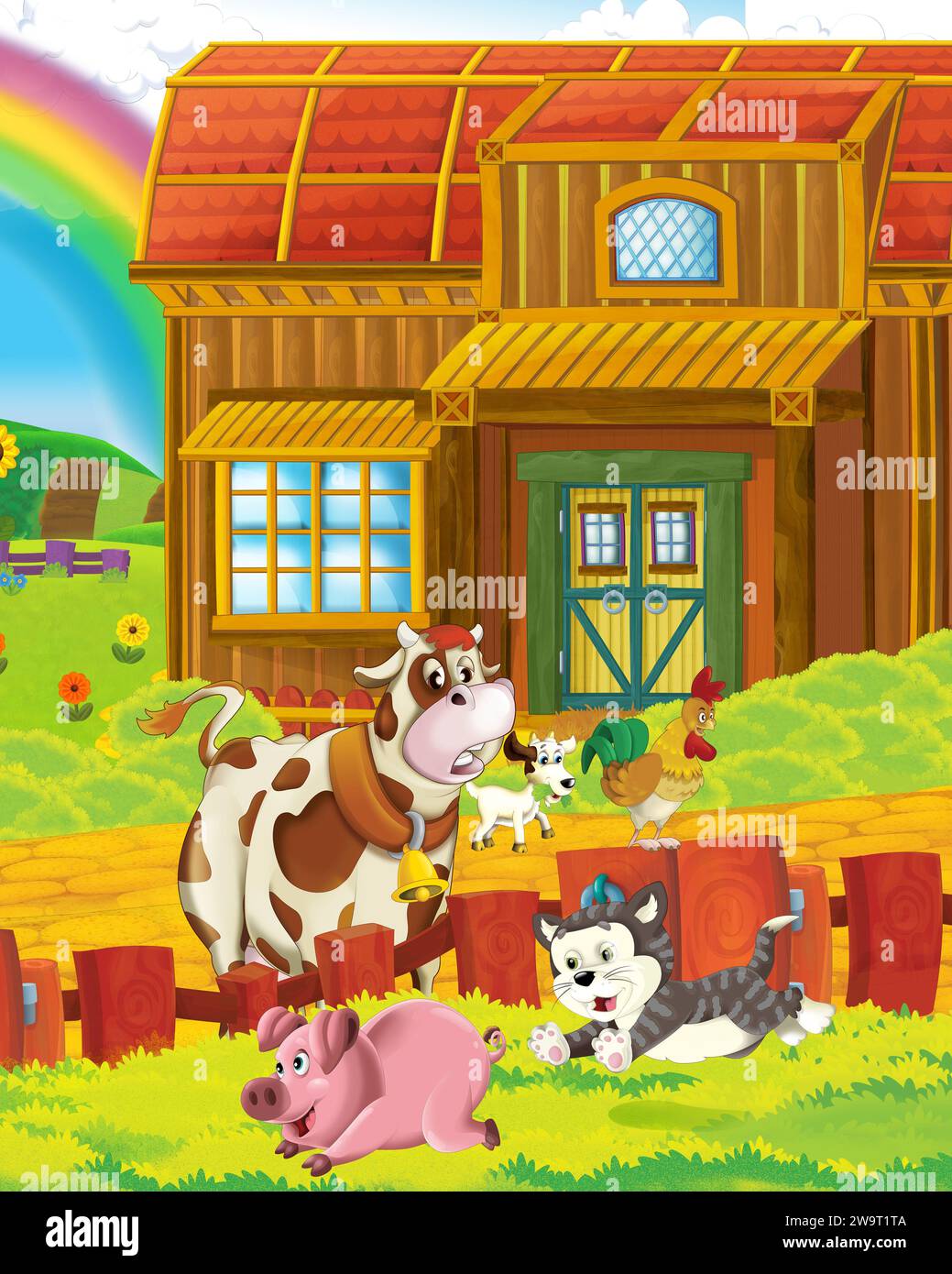 cartoon scene with cow having fun on the farm on white background ...