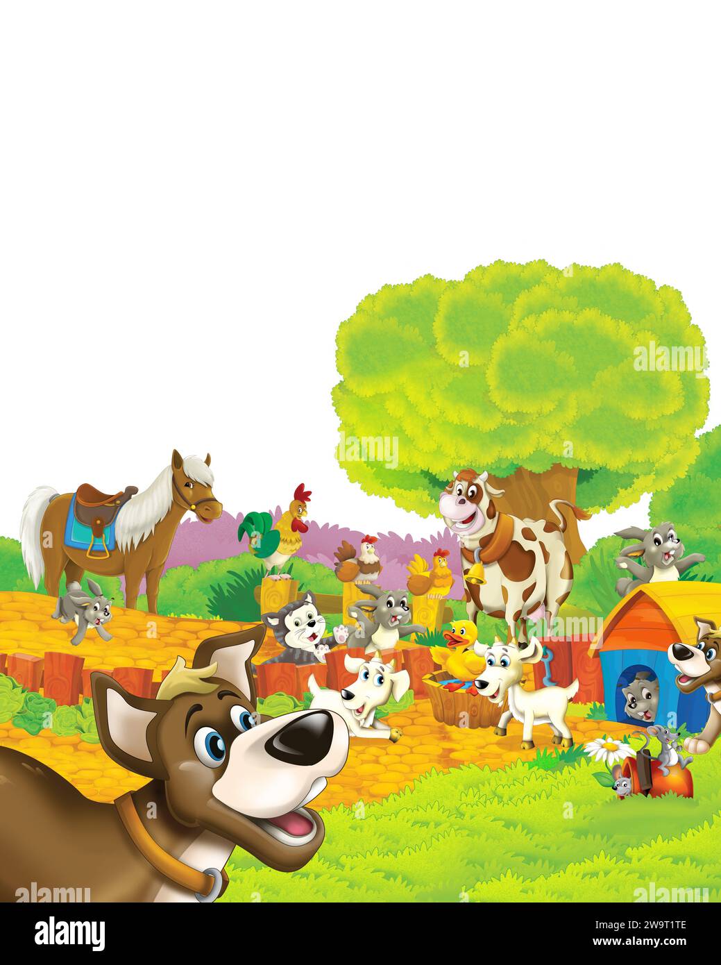cartoon scene with dog having fun on the farm on white background ...