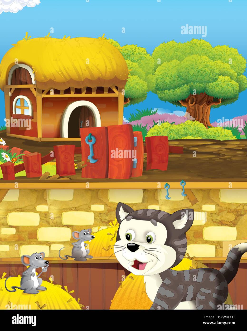 cartoon scene with cat having fun on the farm - illustration for ...