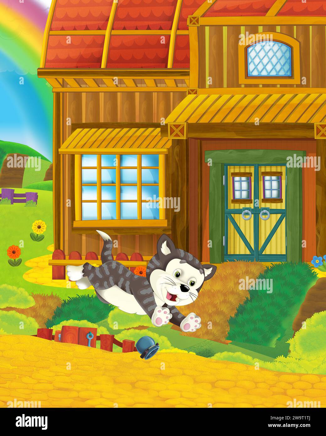 cartoon scene with cheerful cat having fun on the farm - illustration ...