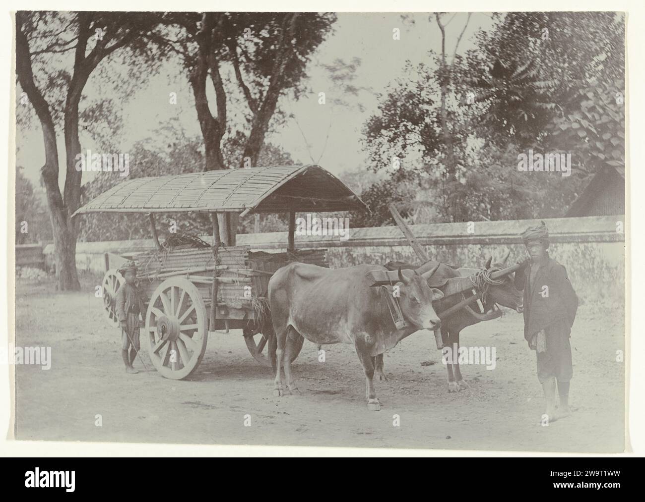 Two Javanese boys at an ox cart that transports goods, c. 1867 - c ...