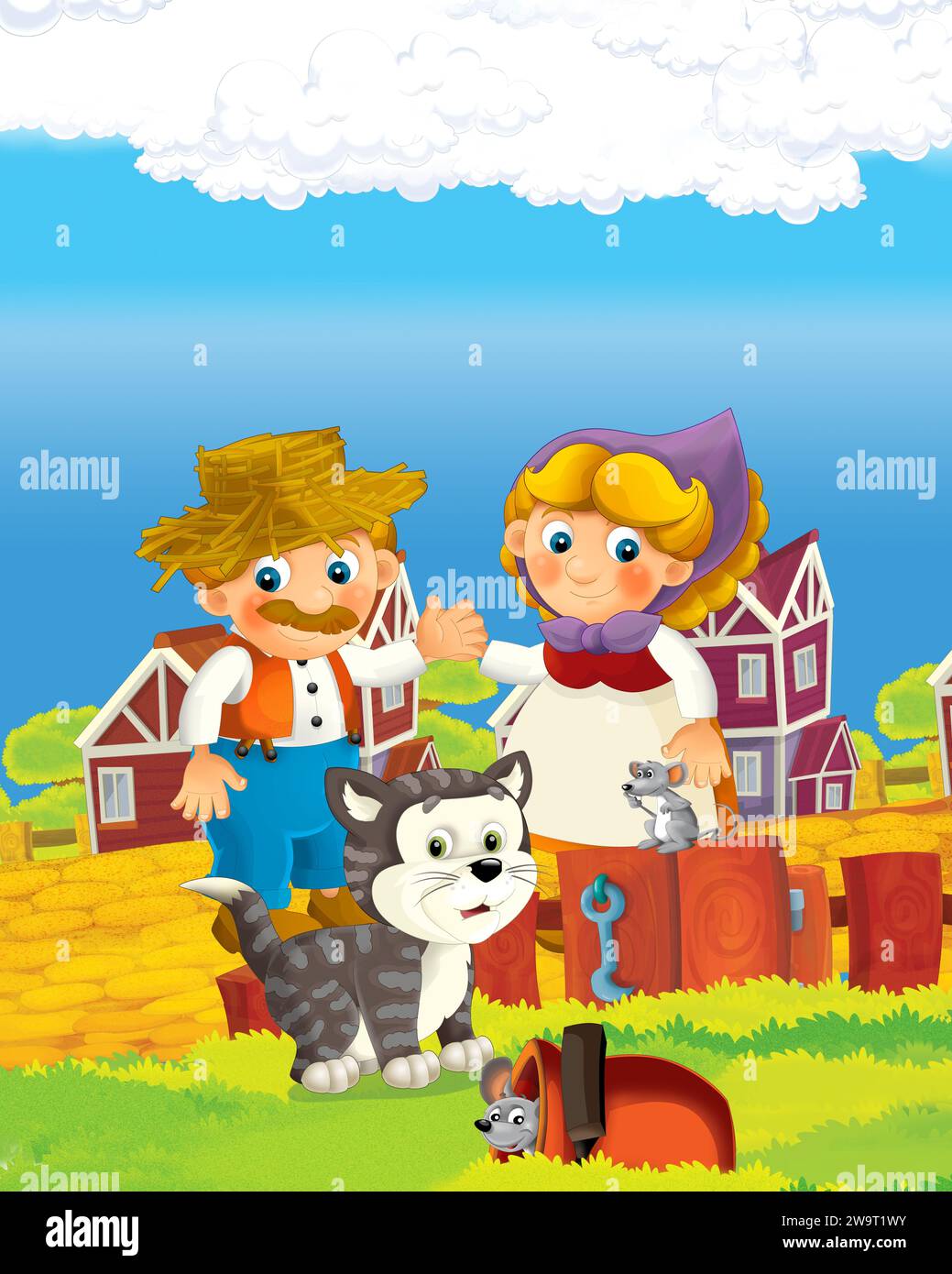 cartoon scene with happy farmer man and woman on the farm ranch ...