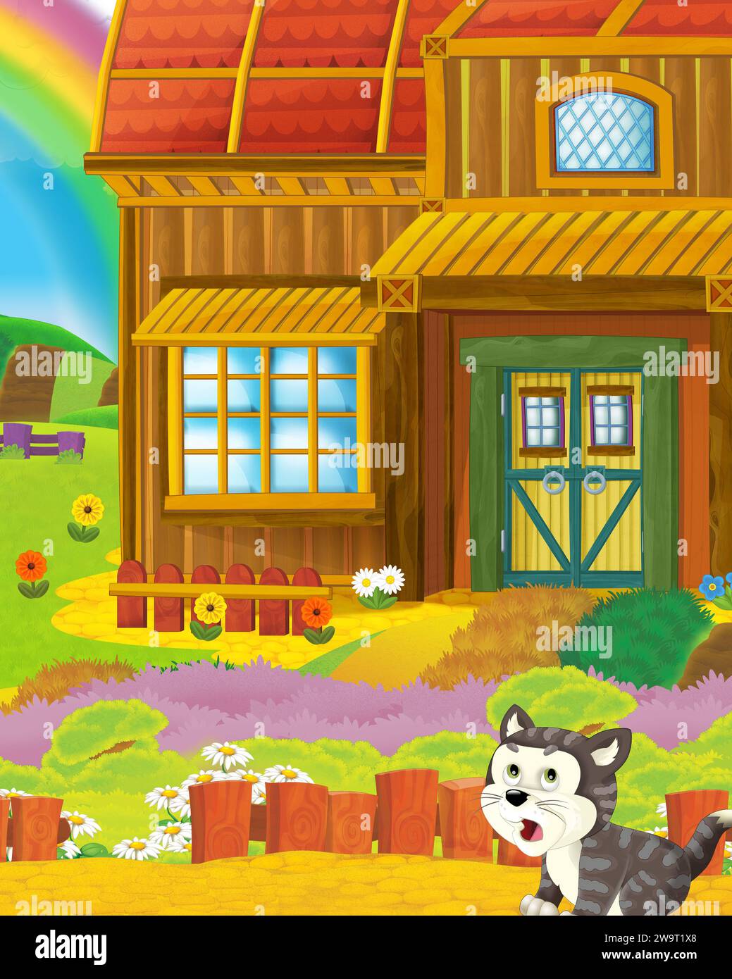 cartoon scene with cheerful cat having fun on the farm - illustration ...
