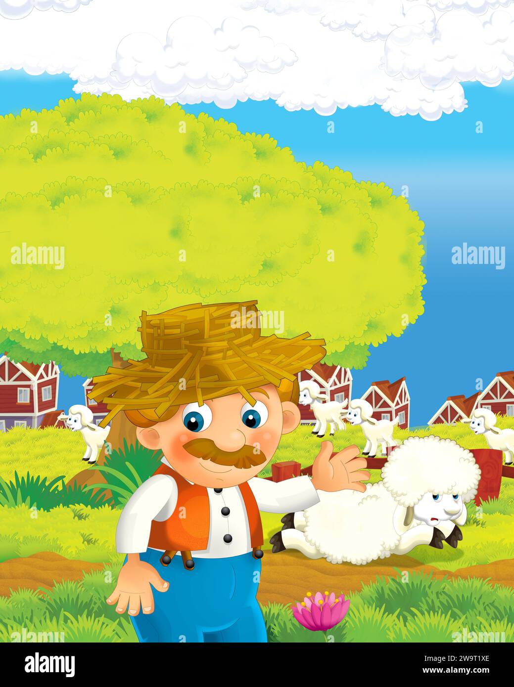 cartoon scene with happy farmer man on the farm ranch illustration for ...