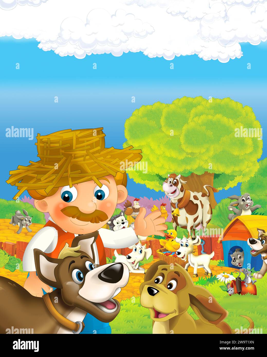 cartoon scene with happy farmer man on the farm ranch illustration for ...