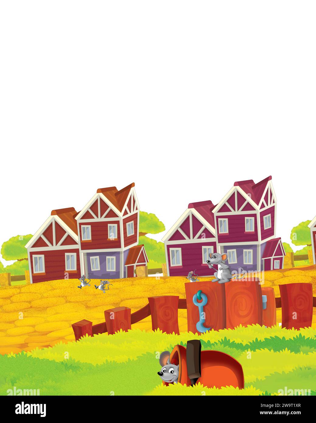 cartoon scene with mouse having fun on the farm on white background ...
