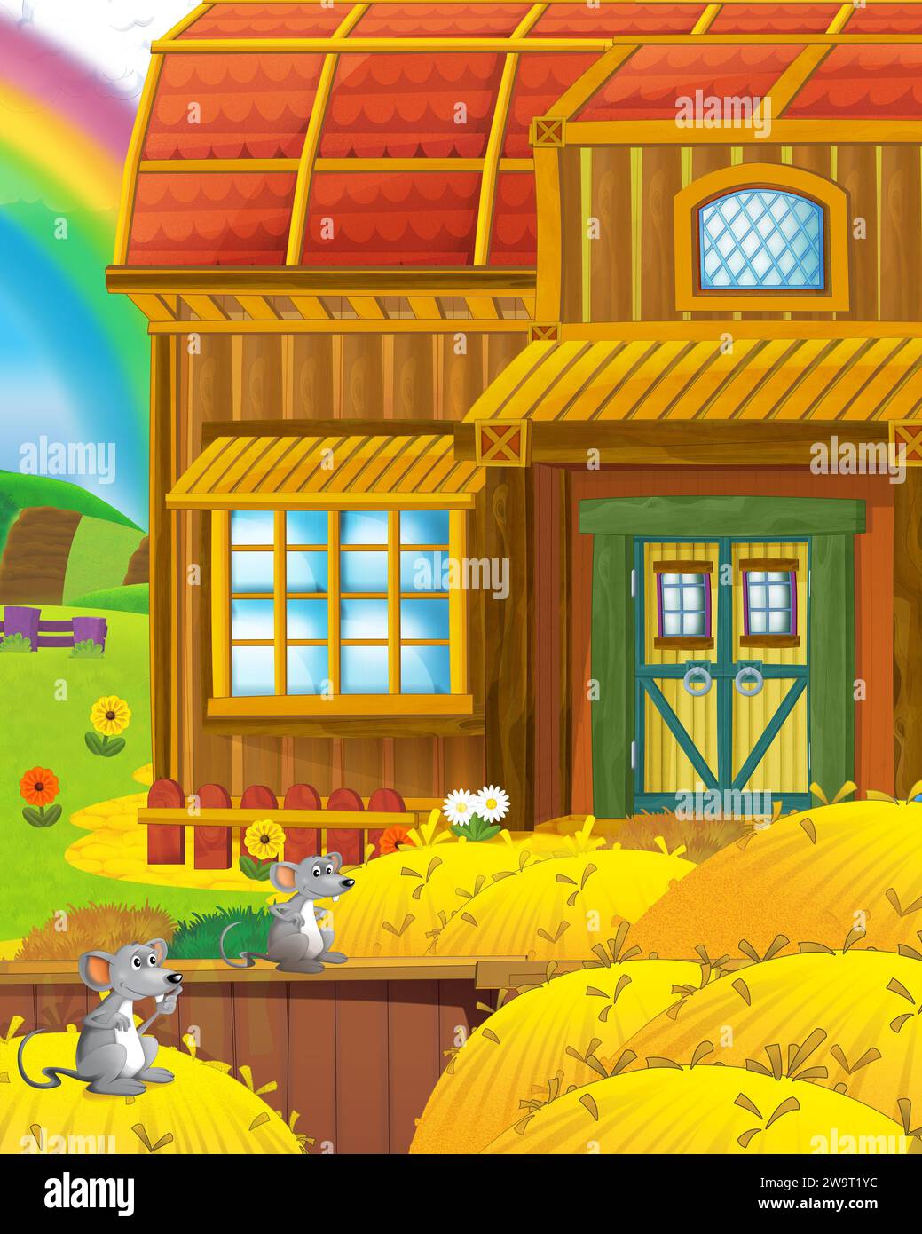cartoon scene with funny looking farm house on the hill - illustration ...