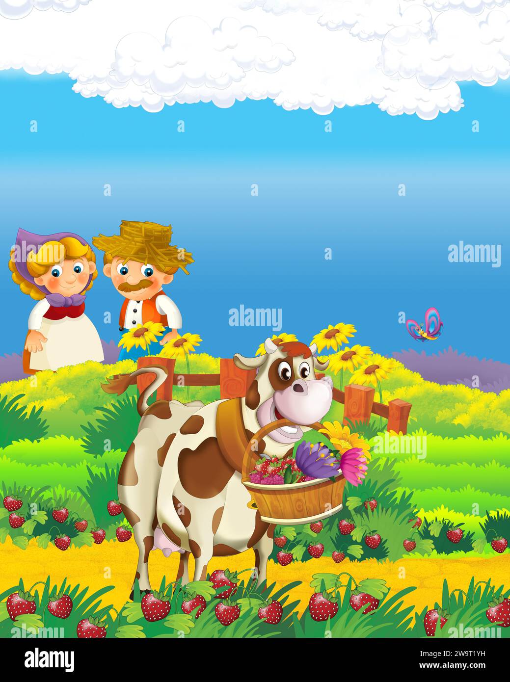 cartoon scene with happy farmer man and woman on the farm ranch ...