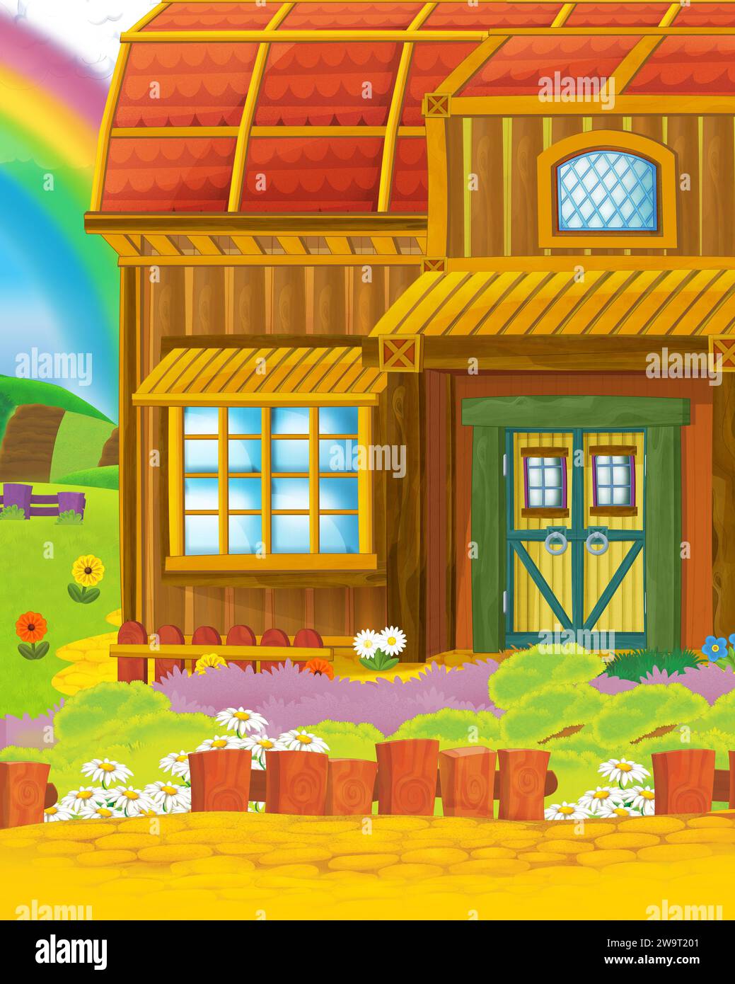 cartoon scene with funny looking farm house on the hill - illustration ...