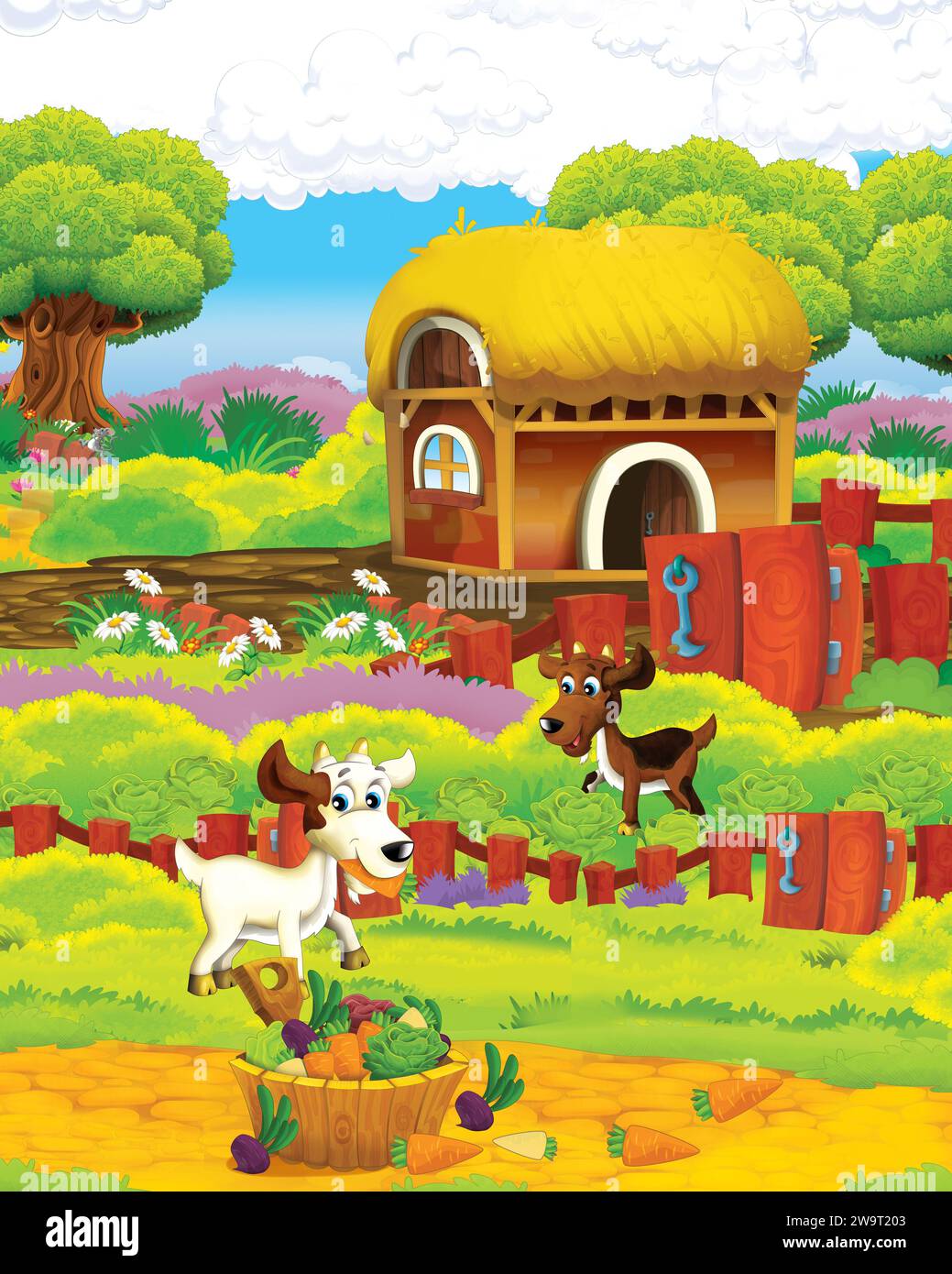 Cartoon farm scene with animal goat having fun on the farm ranch ...