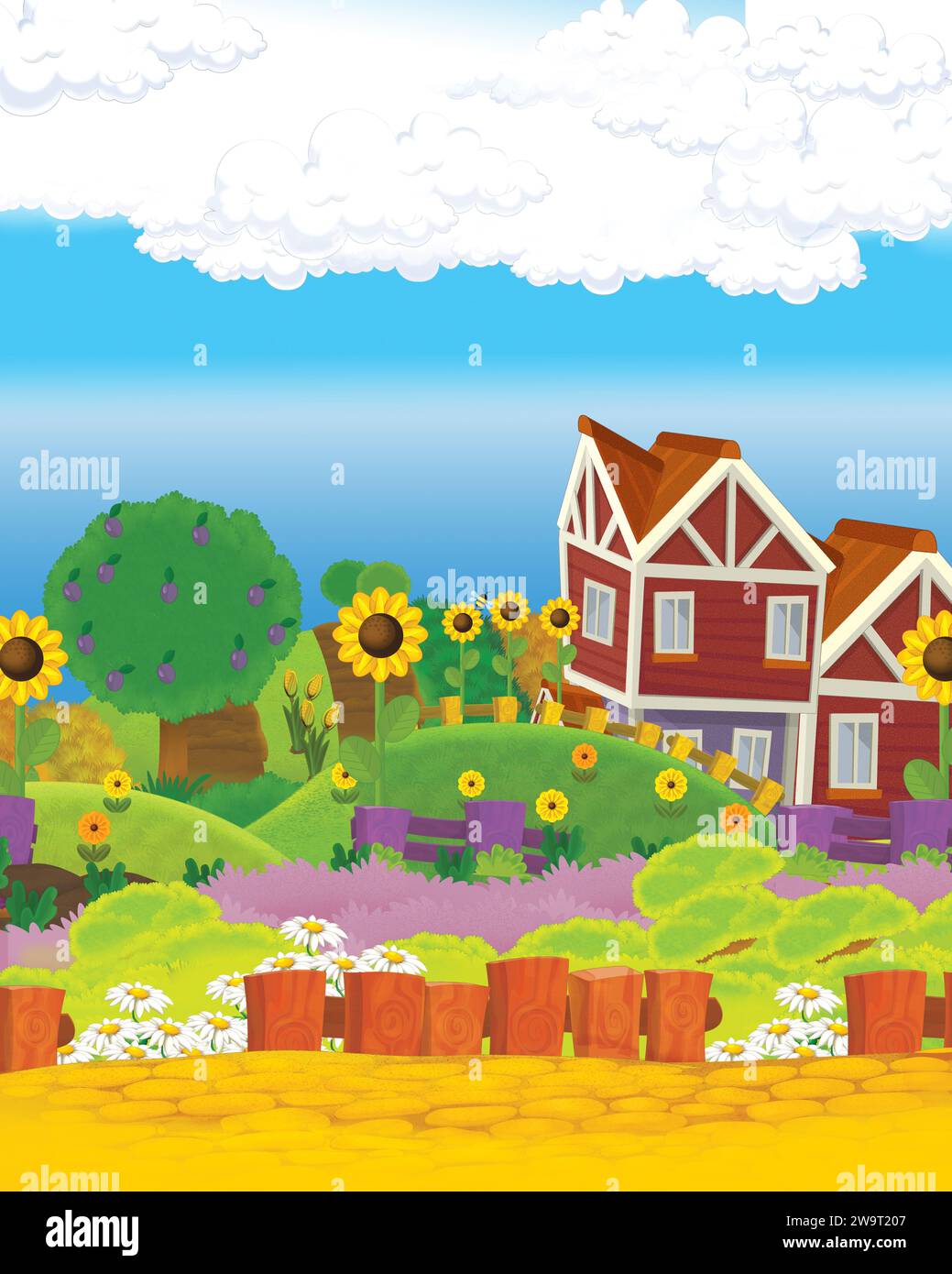 cartoon scene with funny looking farm house on the hill - illustration ...
