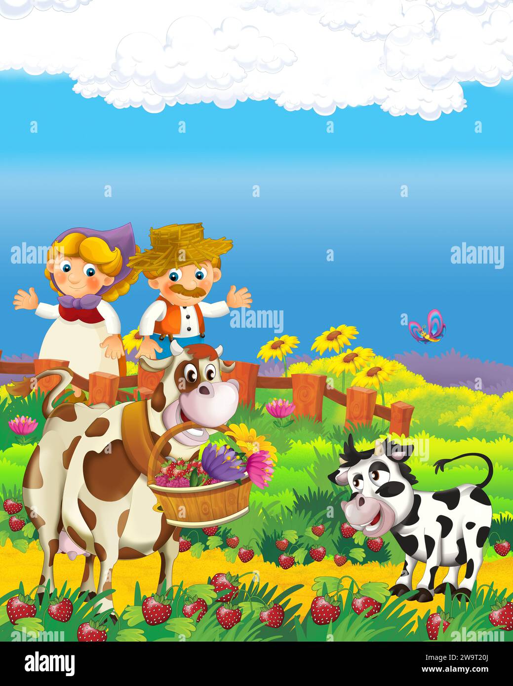 cartoon scene with happy farmer man and woman on the farm ranch ...
