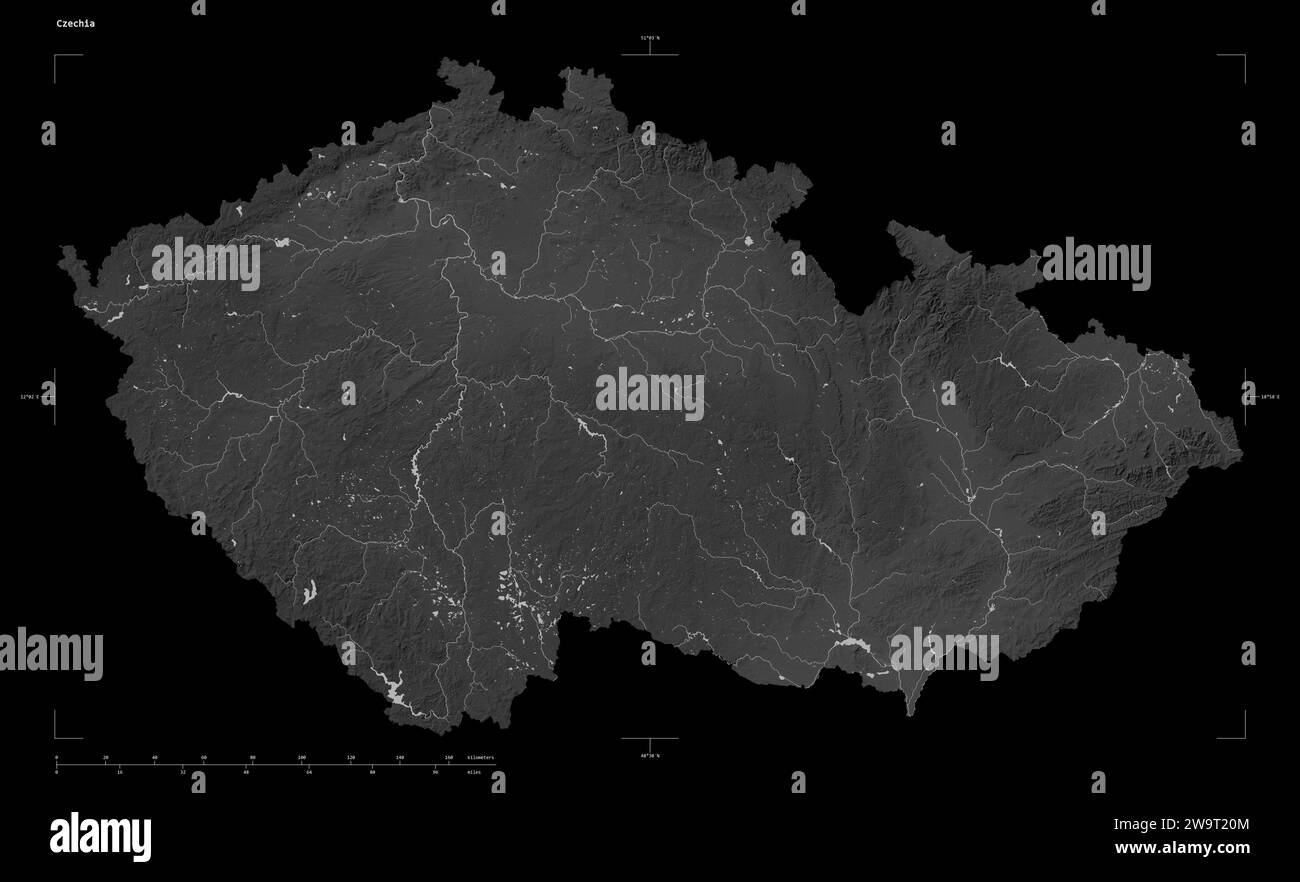 Shape of a Grayscale elevation map with lakes and rivers of the Czechia, with distance scale and ...
