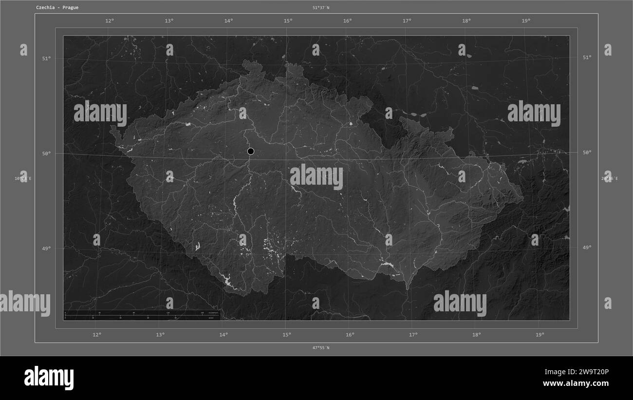 Czechia highlighted on a Grayscale elevation map with lakes and rivers map with the country's ...