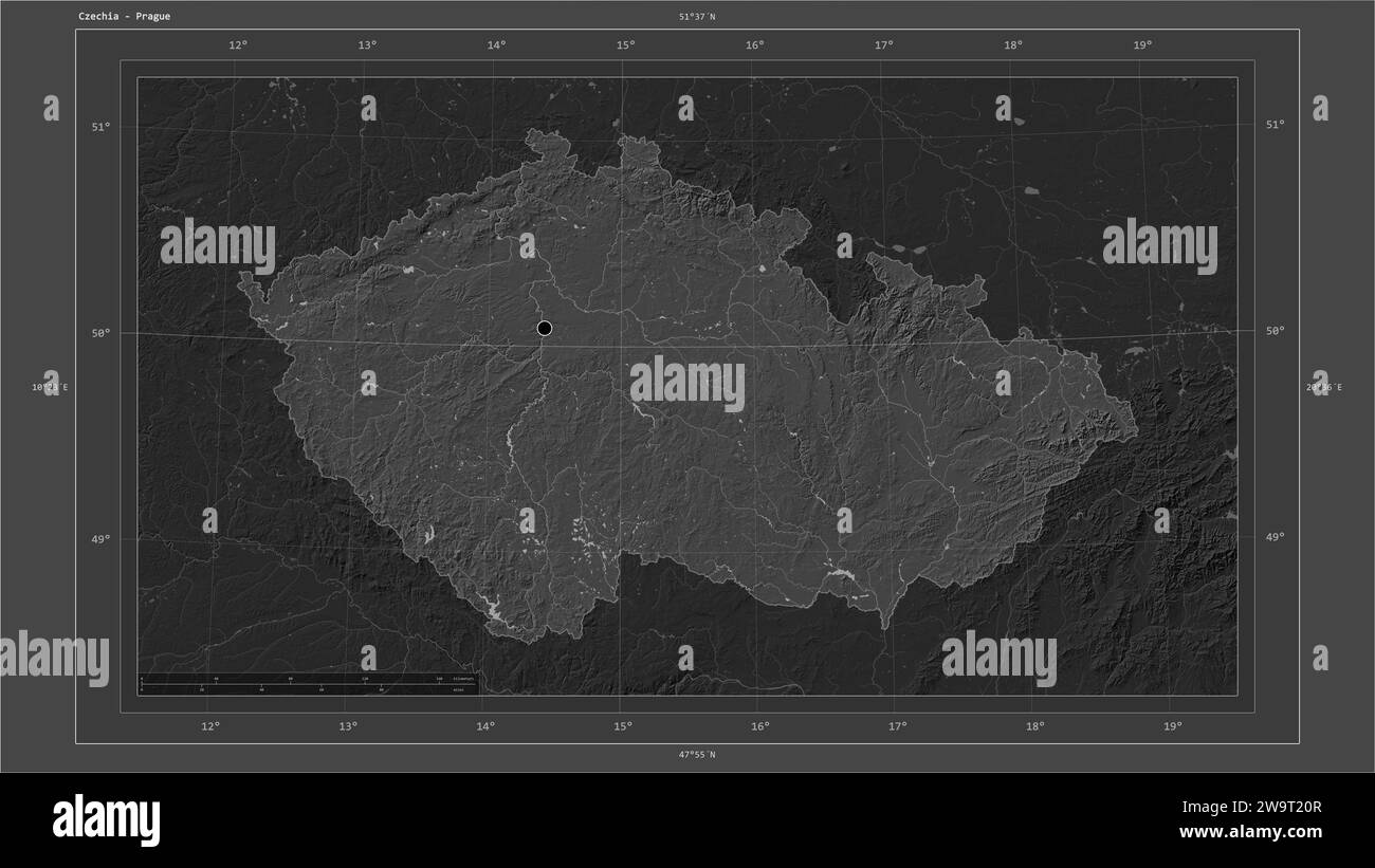 Czechia highlighted on a Bilevel elevation map with lakes and rivers map with the country's ...