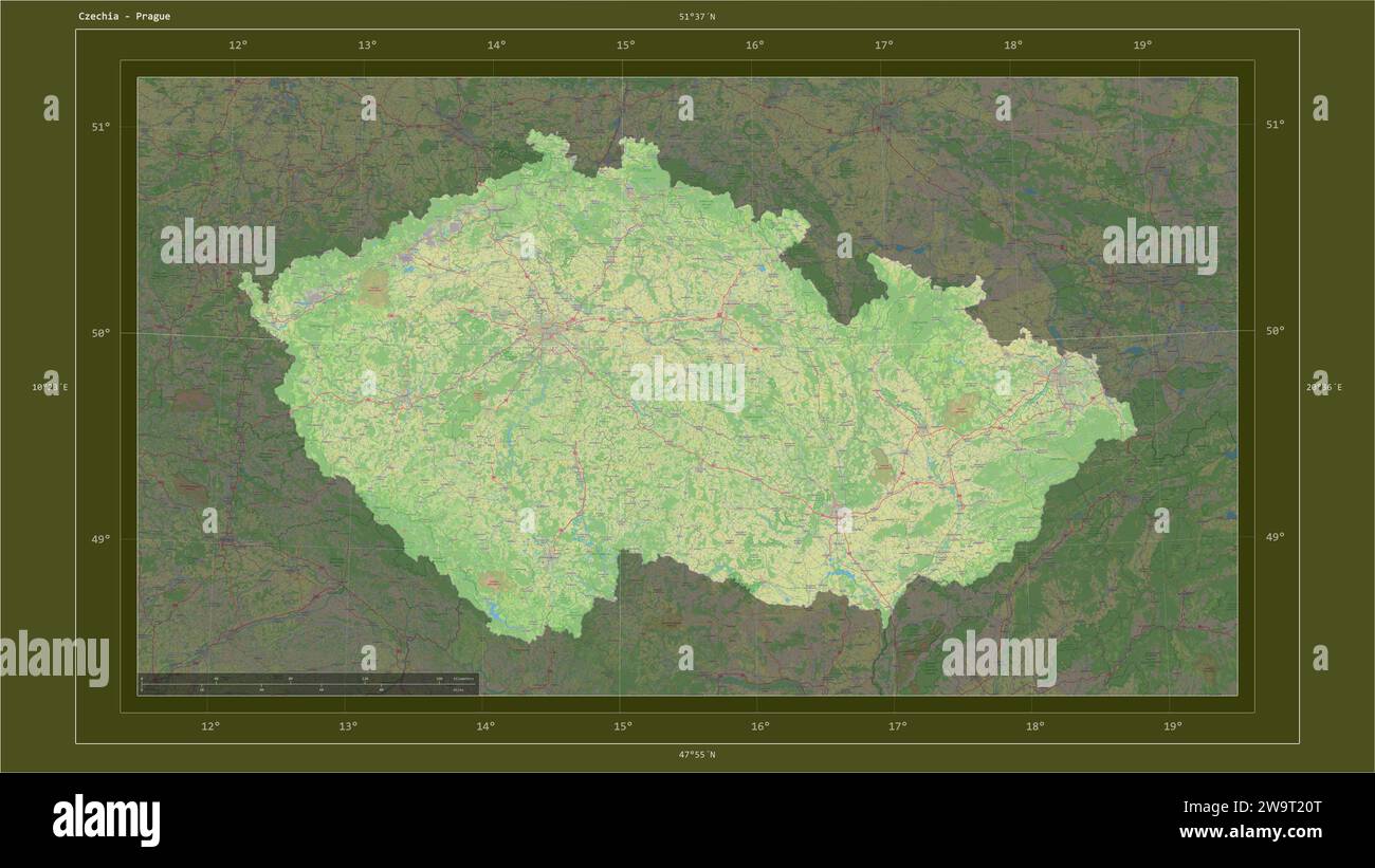 Czechia highlighted on a topographic, OSM standard style map map with ...