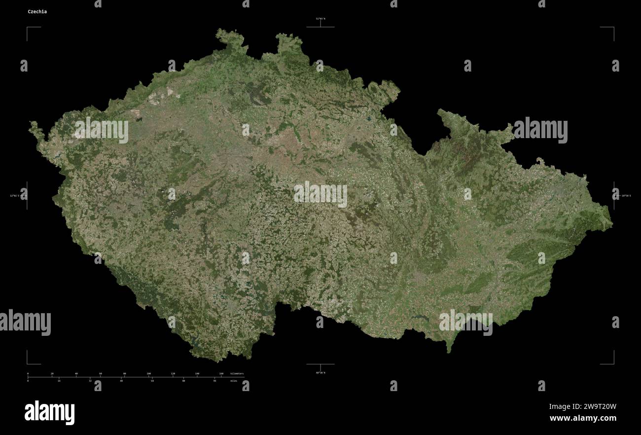 Shape of a high resolution satellite map of the Czechia, with distance ...