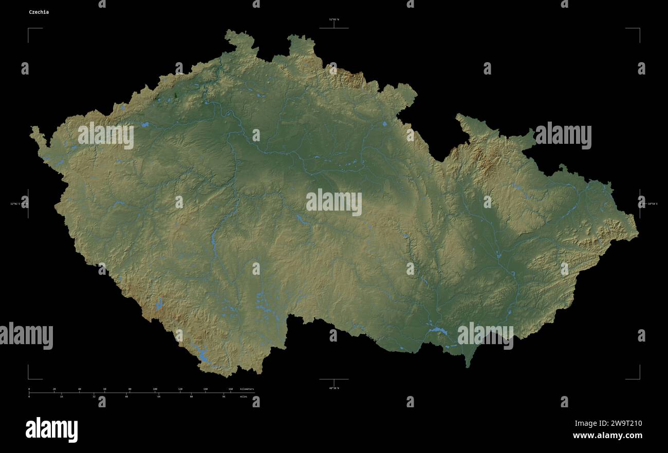 Shape of a Colored elevation map with lakes and rivers of the Czechia, with distance scale and ...