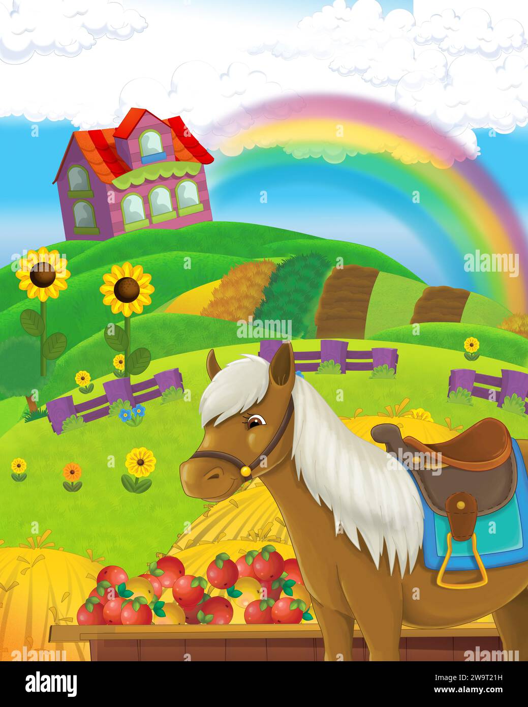 Cartoon farm scene with animal horse having fun on the farm ranch ...