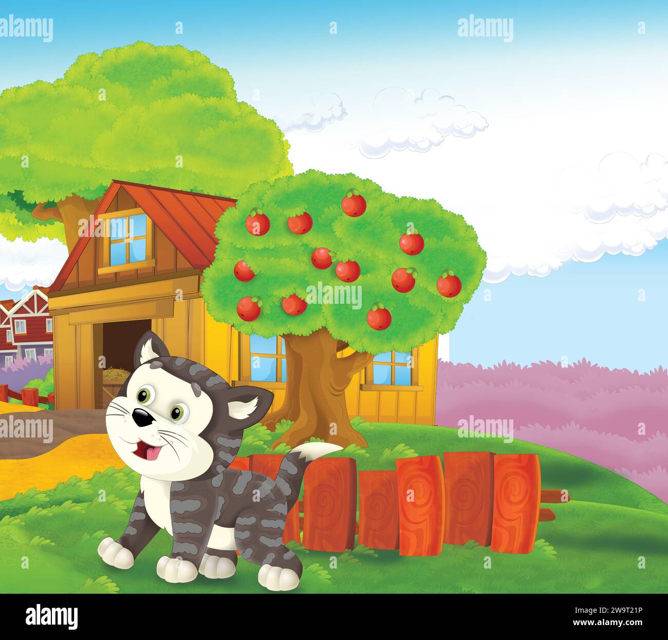 cartoon scene with cat having fun on the farm - illustration for ...